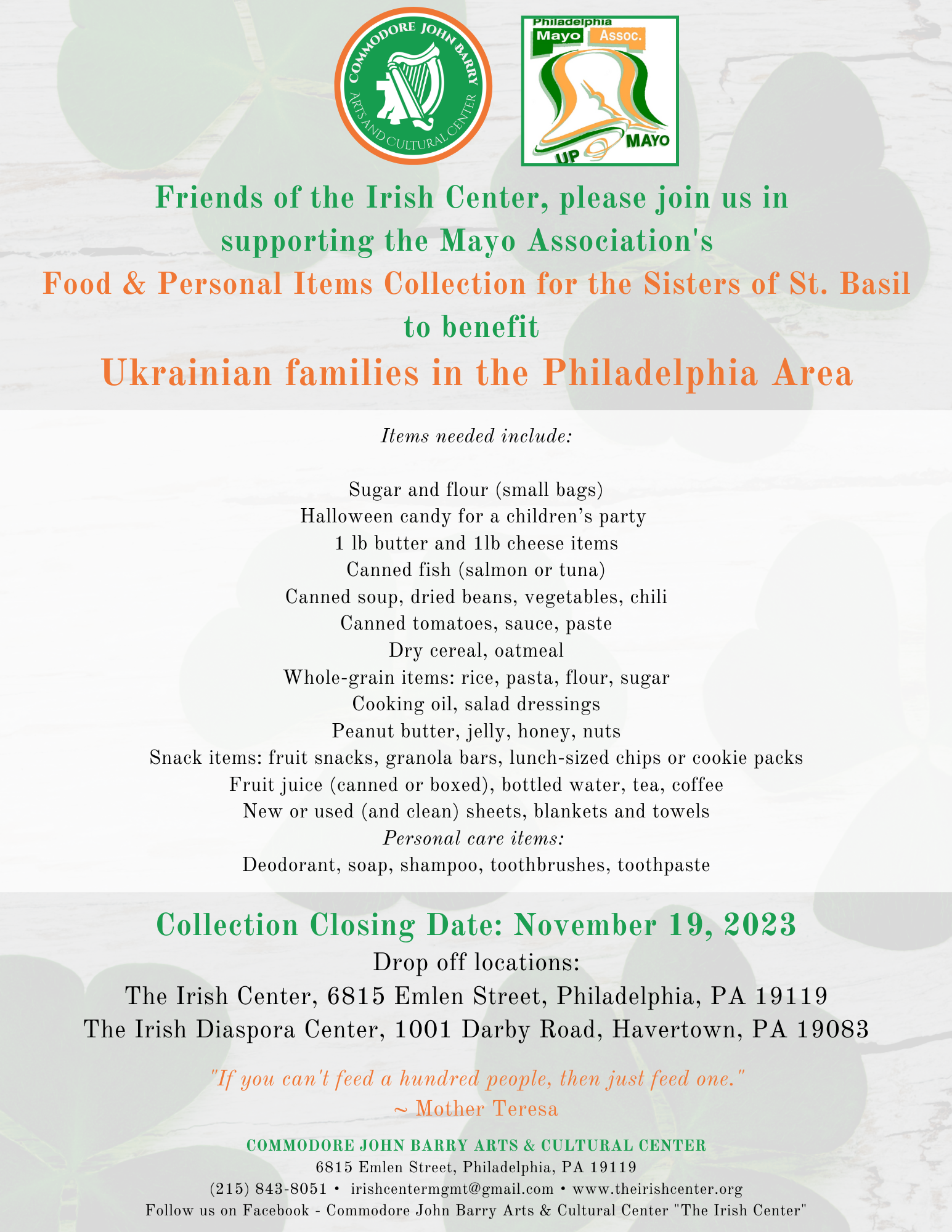 Sisters of St. Basil Food/Personal Item Collection – Commodore John ...