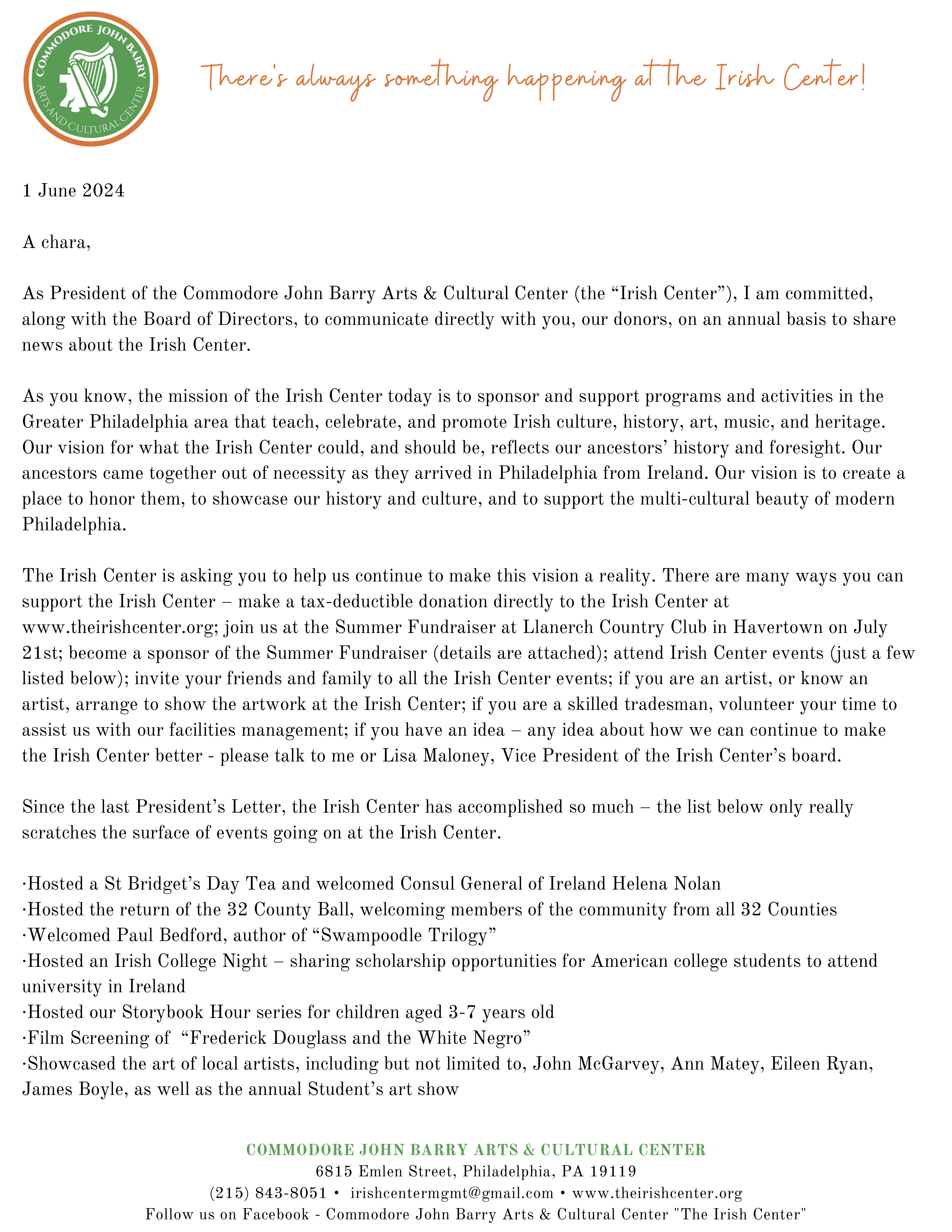 2024 President’s Letter – Commodore John Barry Arts and Cultural Center